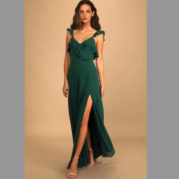 Lulus | Dresses | Lulus Adoring Glances Emerald Green Ruffled Maxi ...